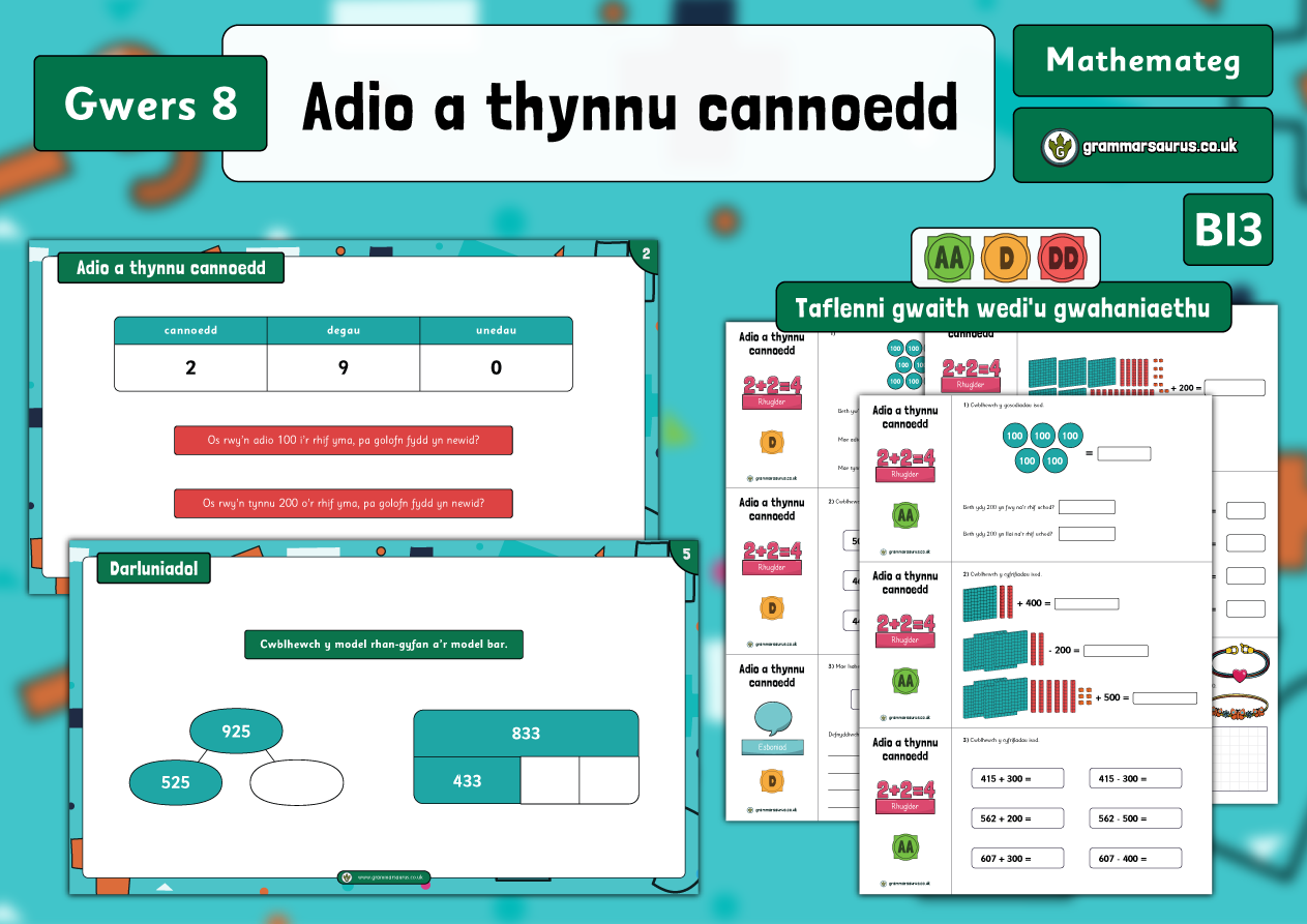 Blwyddyn 3 - Adio a thynnu cannoedd - Gwers 8 - Grammarsaurus