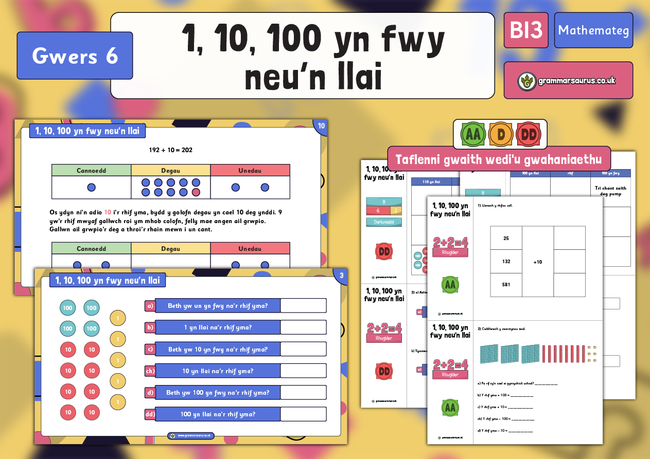 Blwyddyn 3 - 1, 10, 100 yn fwy neu'n llai - Gwers 6 - Grammarsaurus