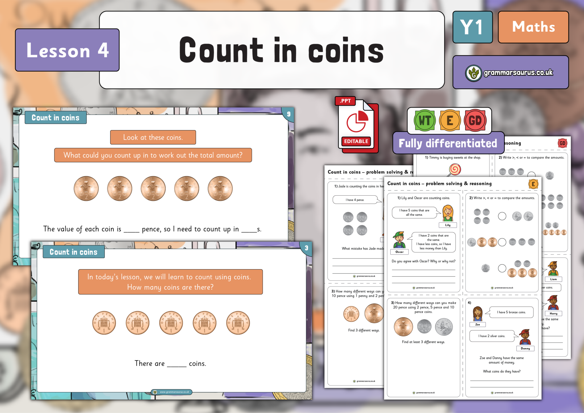 Year 1 Measurement - Money - Count in coins - Lesson 4 - Grammarsaurus
