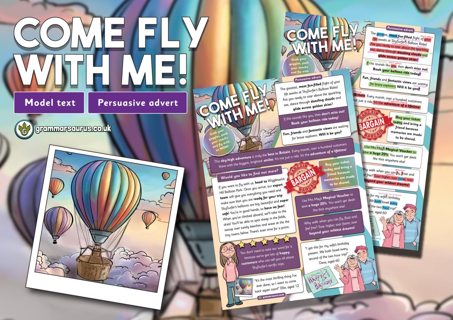 Year 2 Model Text - Persuasive advert - Come fly with me! - Grammarsaurus