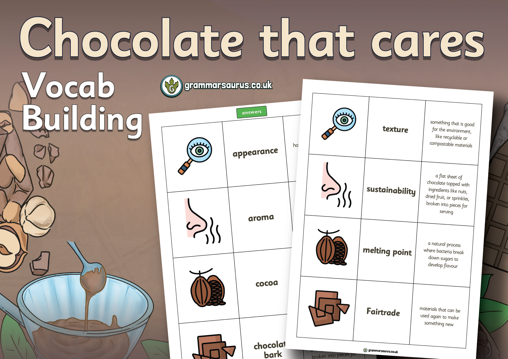 Year 4 - Chocolate that cares - Vocab Building - Grammarsaurus