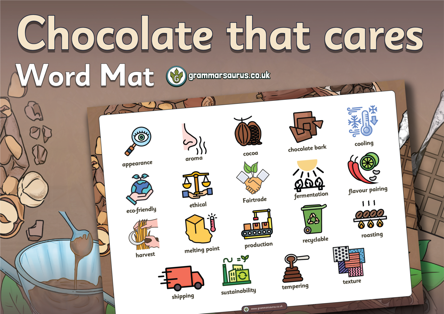 Year 4 - Chocolate that cares - Word Mat - Grammarsaurus