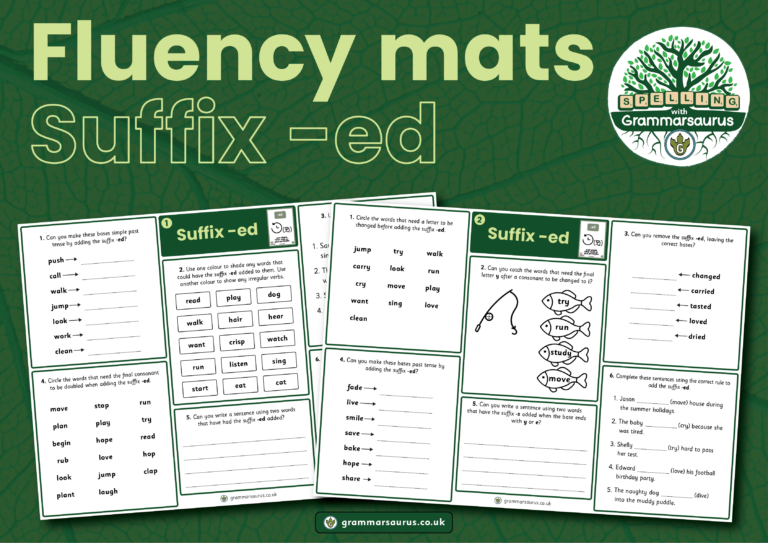 Y2 Fluency Mats – Objective 6 (Suffix -ed) - Grammarsaurus