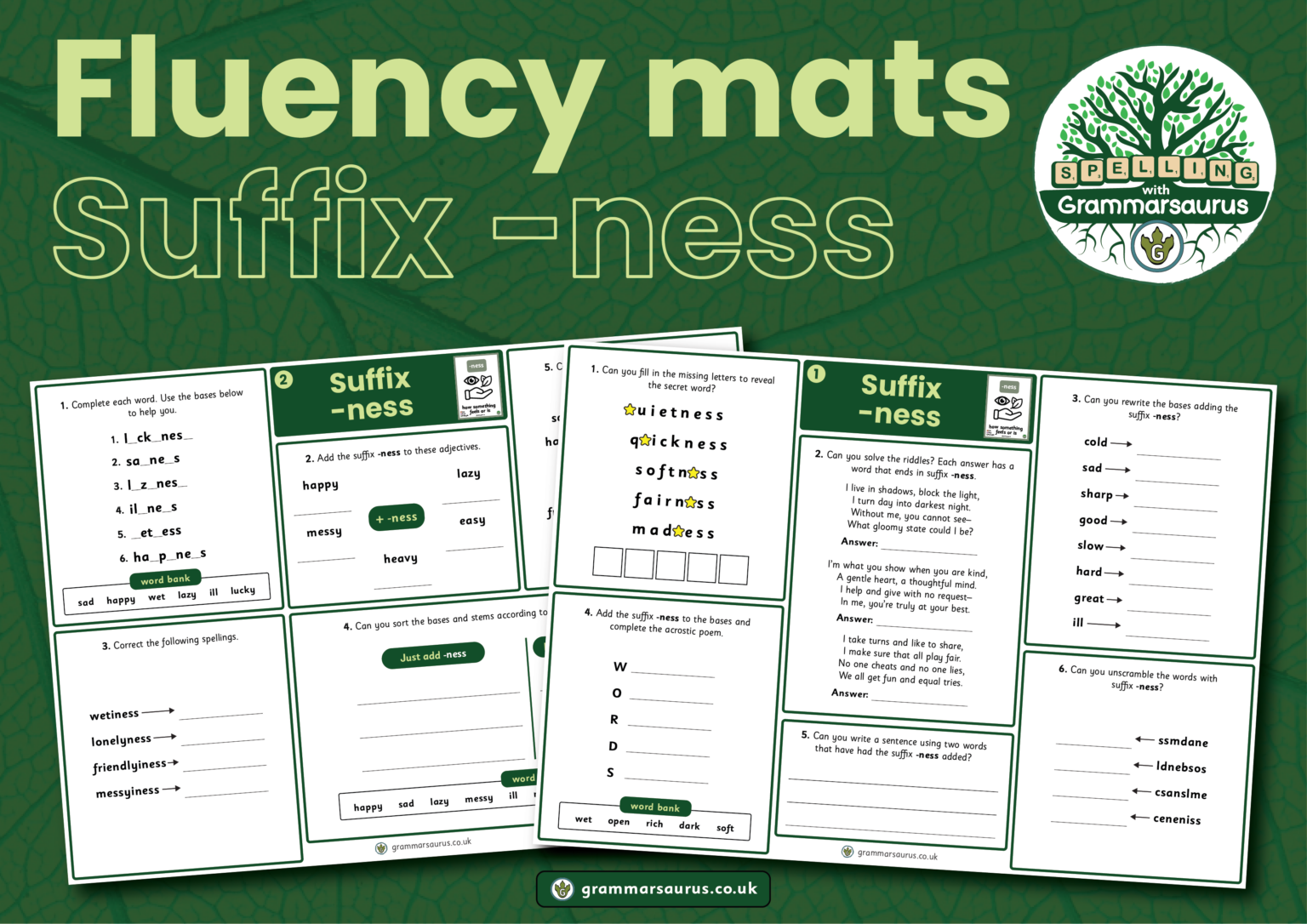 Y2 Fluency Mats - Objective 18 (Suffix -ness) - Grammarsaurus