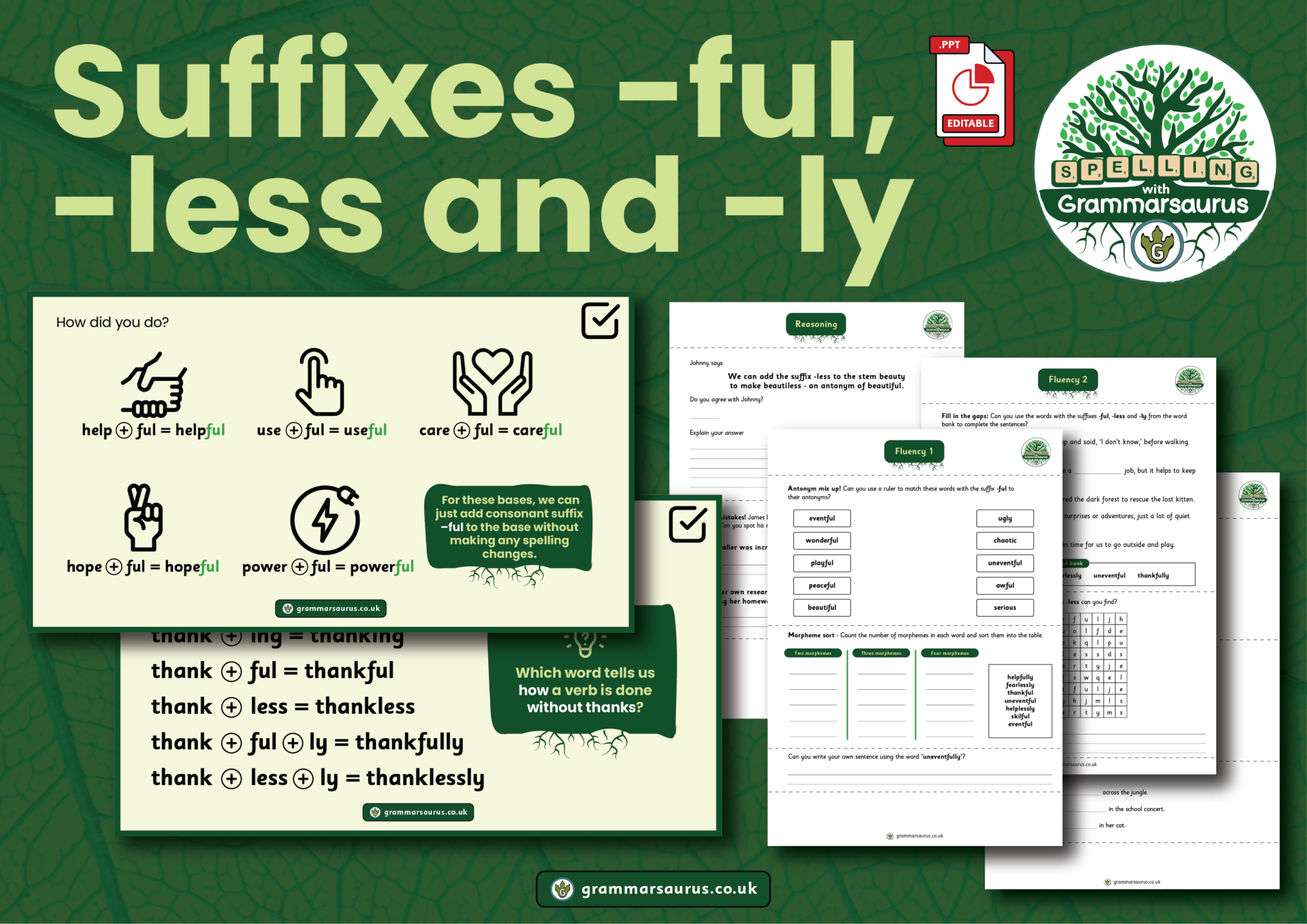 Y2 Objective 15 (Suffixes -ful, -less and -ly) - Grammarsaurus