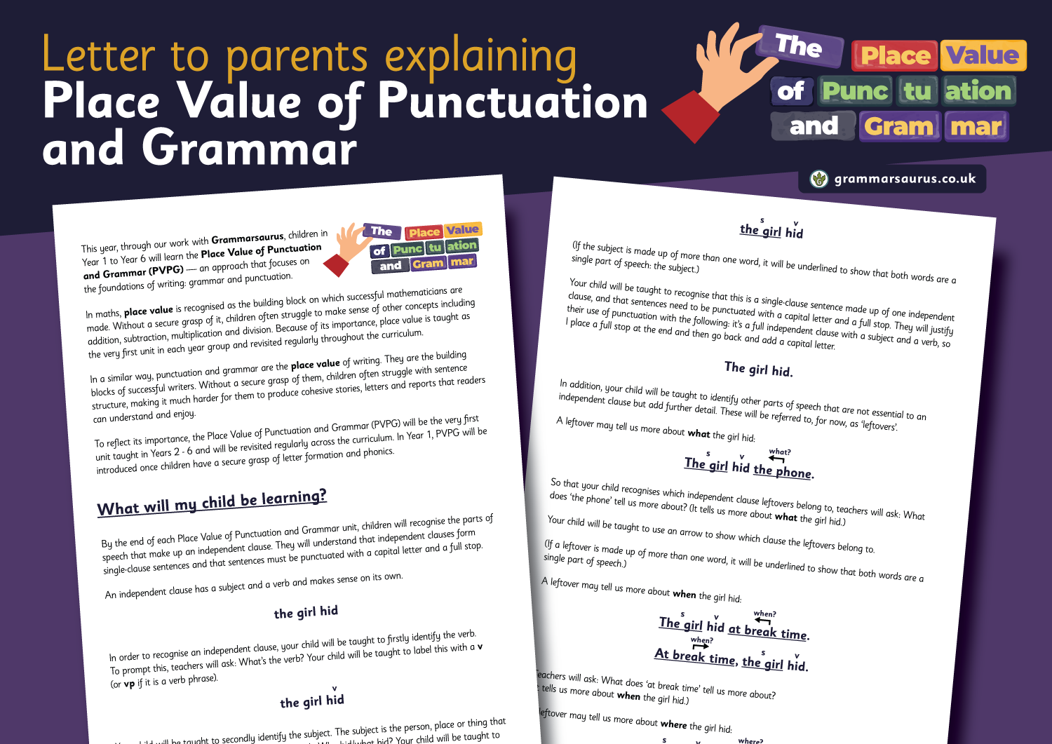 Letters to parents explaining Place Value of Punctuation and Grammar ...