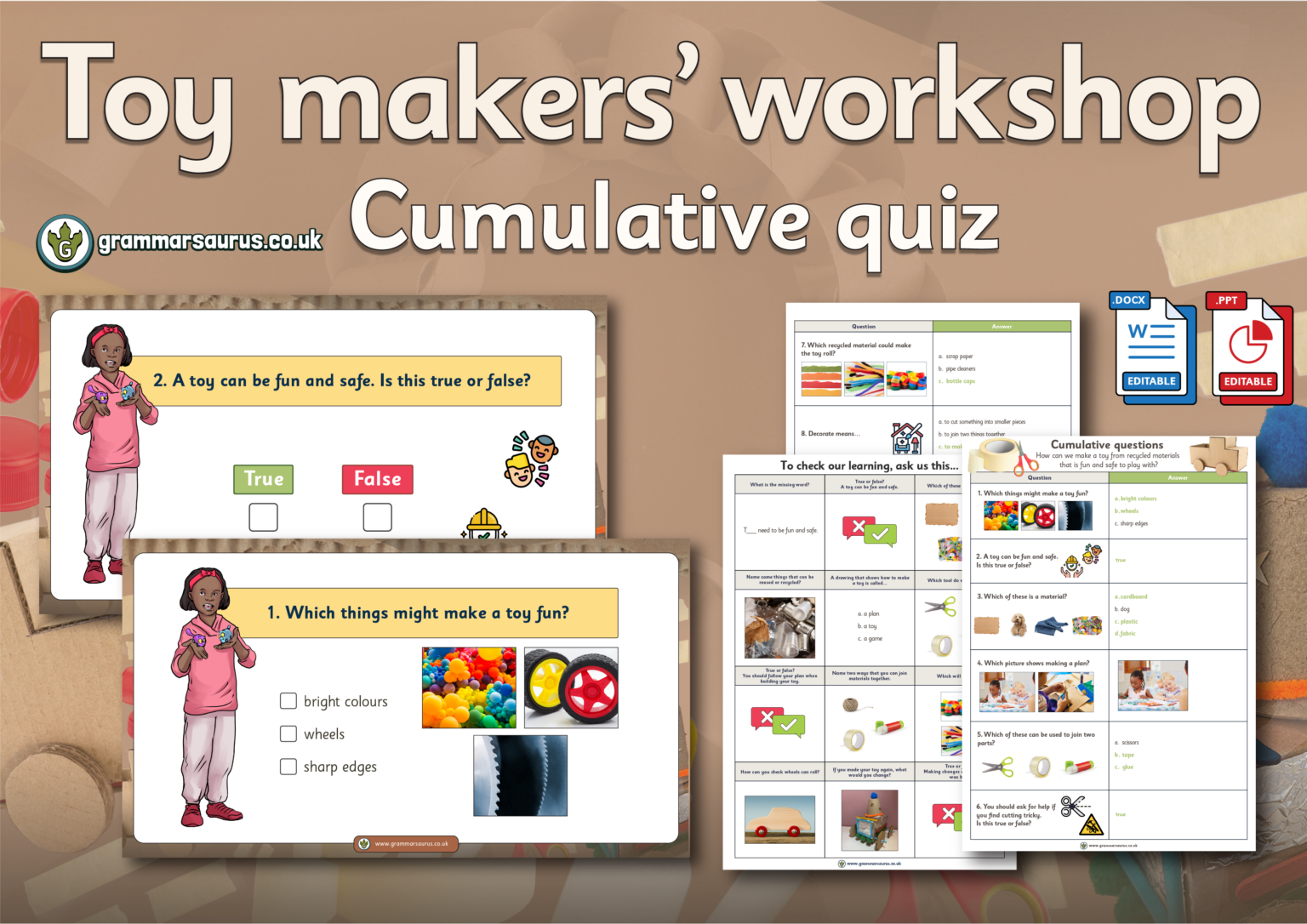 Year 1 - Toy makers' workshop - Cumulative quiz - Grammarsaurus