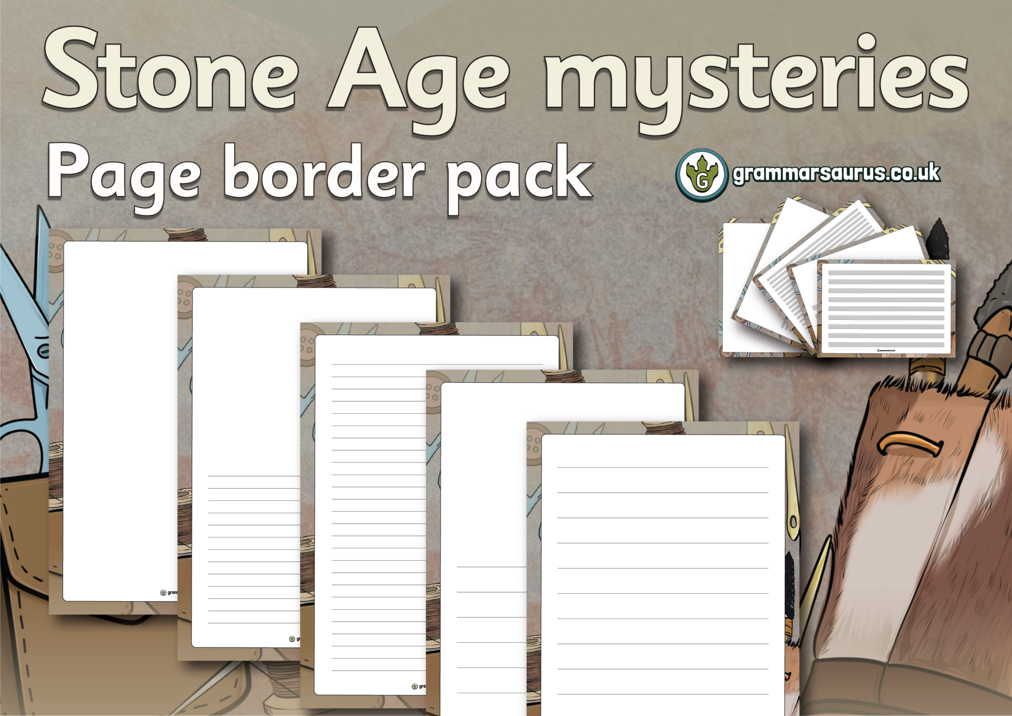 Year 3 - Textiles - Stone Age mysteries - Page border pack - Grammarsaurus