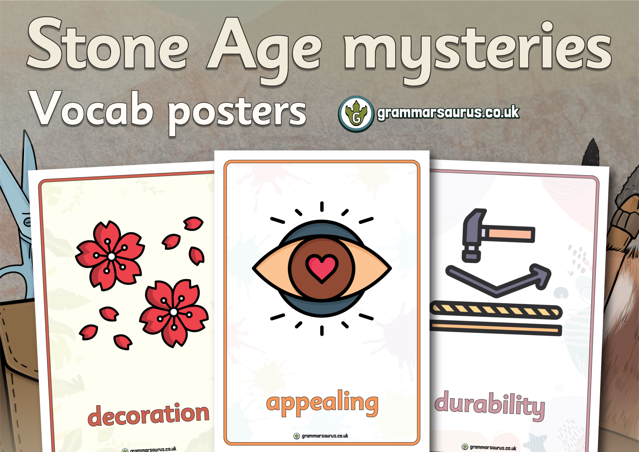 Year 3 - Textiles - Stone Age mysteries - Vocab posters - Grammarsaurus