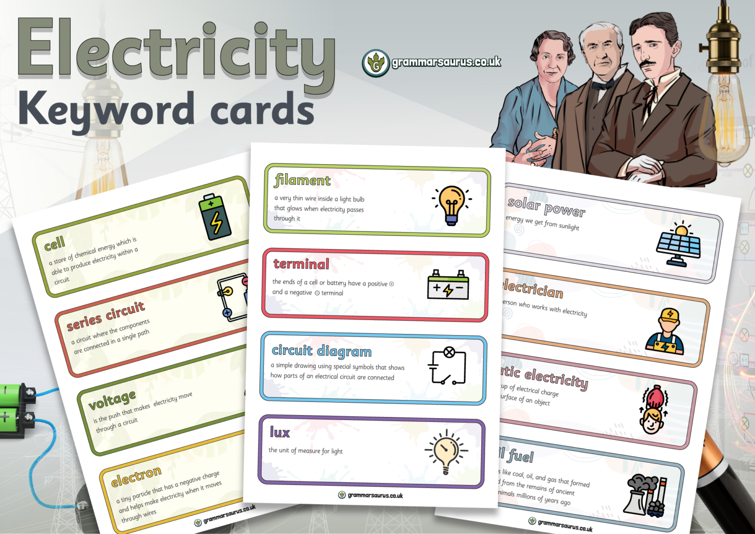 Year 6 Science - Electricity - Keyword cards - Grammarsaurus