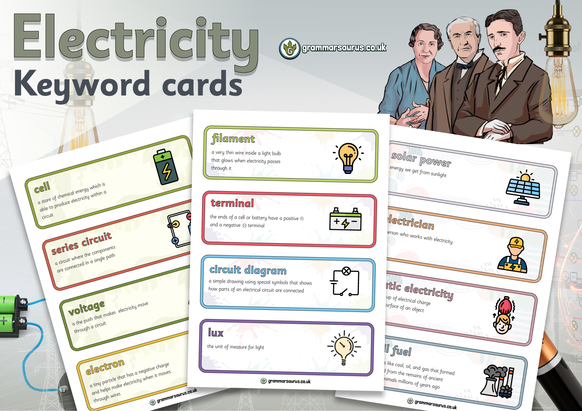 Year 6 Science - Electricity - Keyword cards - Grammarsaurus
