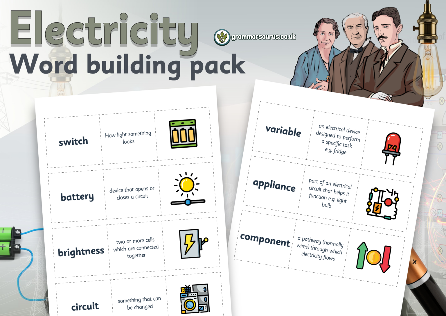 Year 6 Science - Electricity - Word building pack - Grammarsaurus