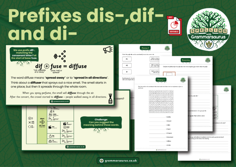 Y3 objective 19 (Prefixes dis-, dif- and di-) - Grammarsaurus