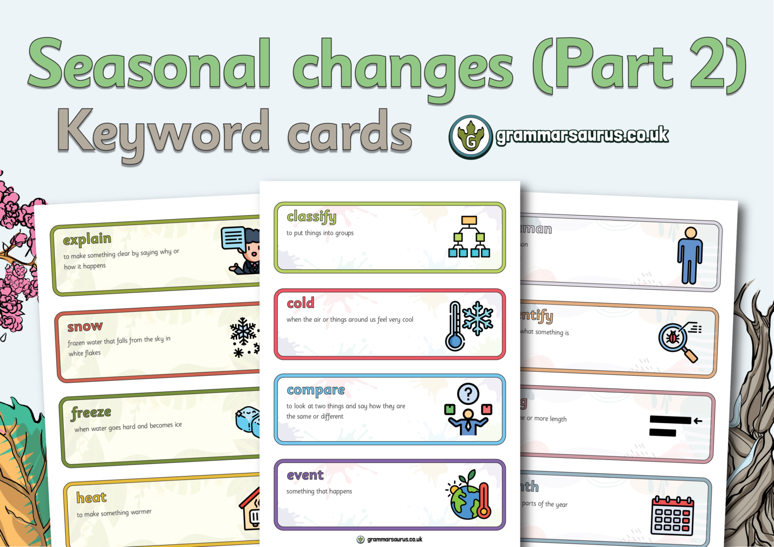 Year 1 Science - Seasonal Changes (Part 2) - Keyword cards - Grammarsaurus