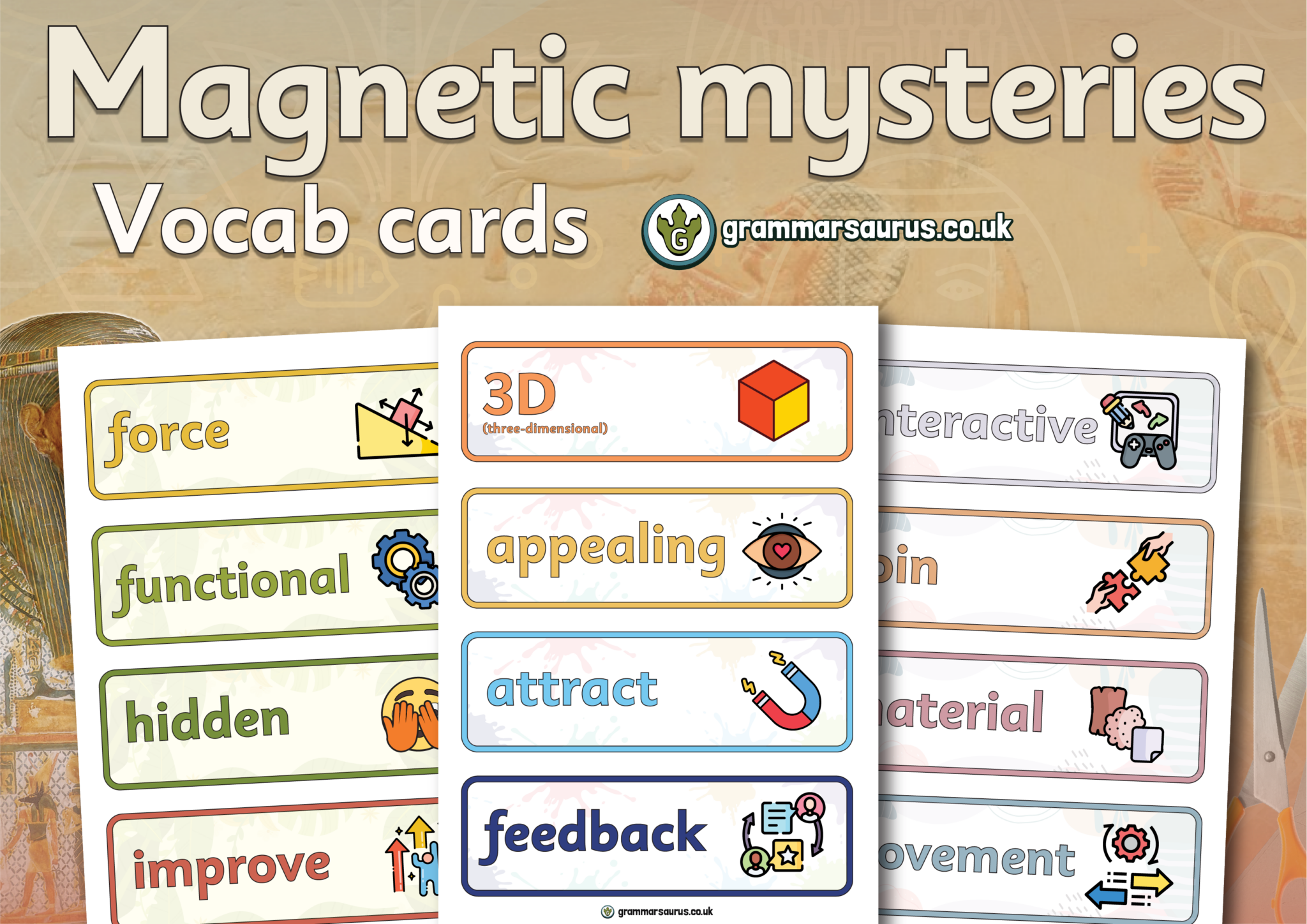 Year 3 - Magnetic mysteries - Vocab cards - Grammarsaurus