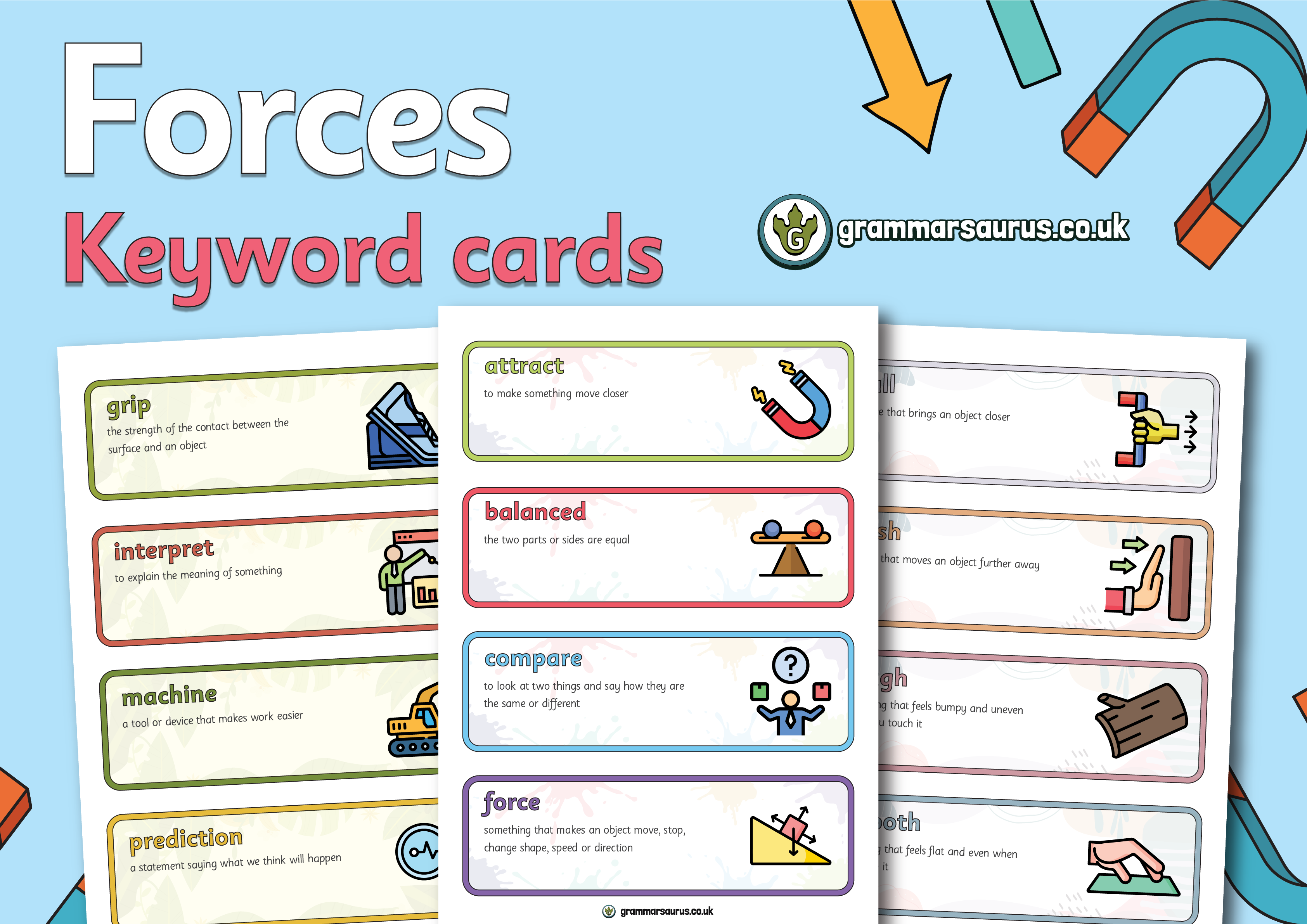Year 5 Science - Forces - Keyword cards - Grammarsaurus