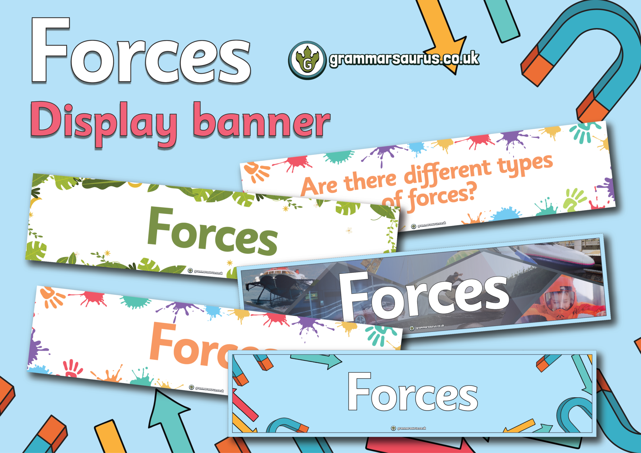 Year 5 Science - Forces - Display banner - Grammarsaurus