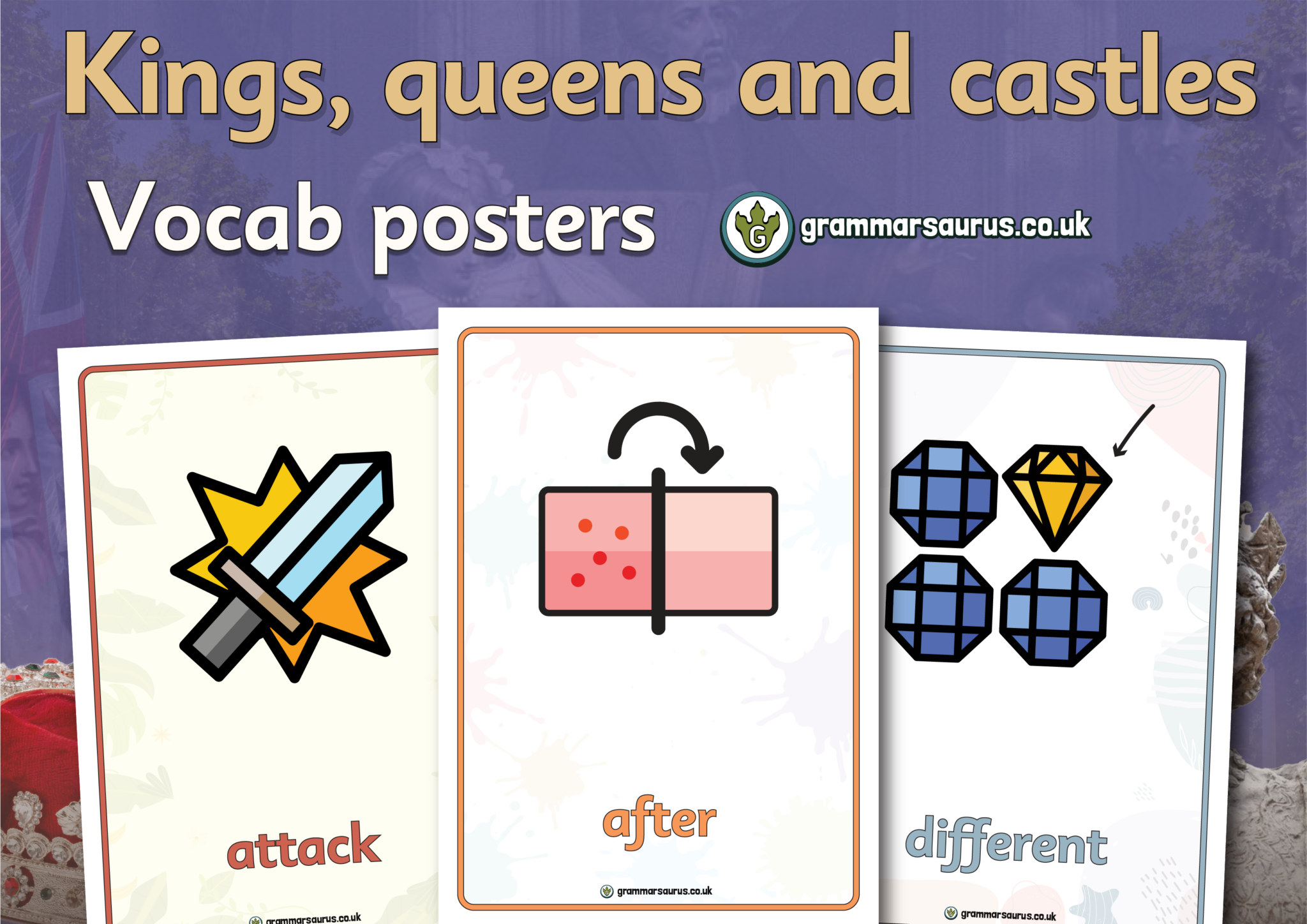 KS1 History - Kings, queens and castles - Vocab posters - Grammarsaurus