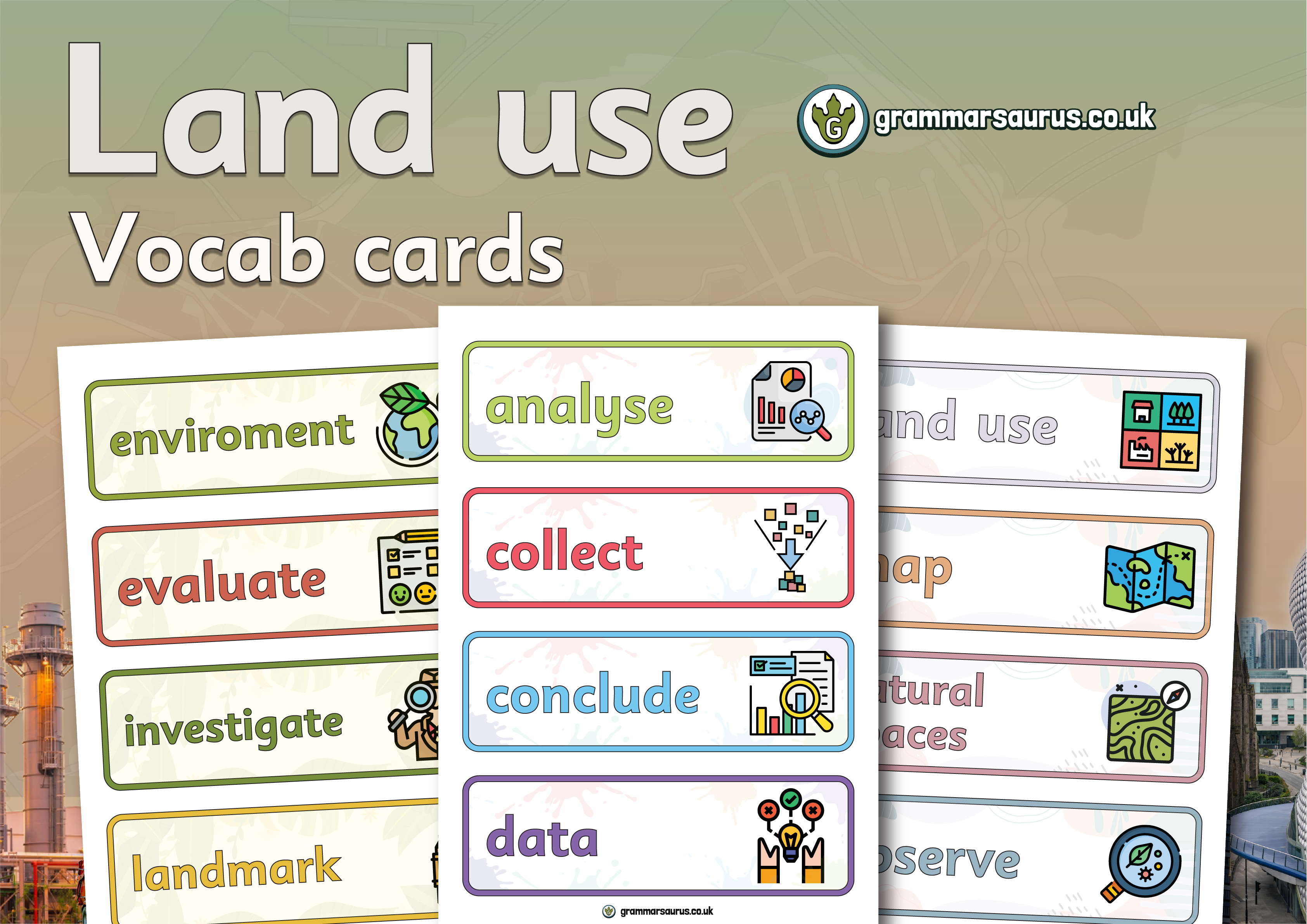 Year 3 Geography – Land use (Fieldwork unit) – Vocab cards - Grammarsaurus