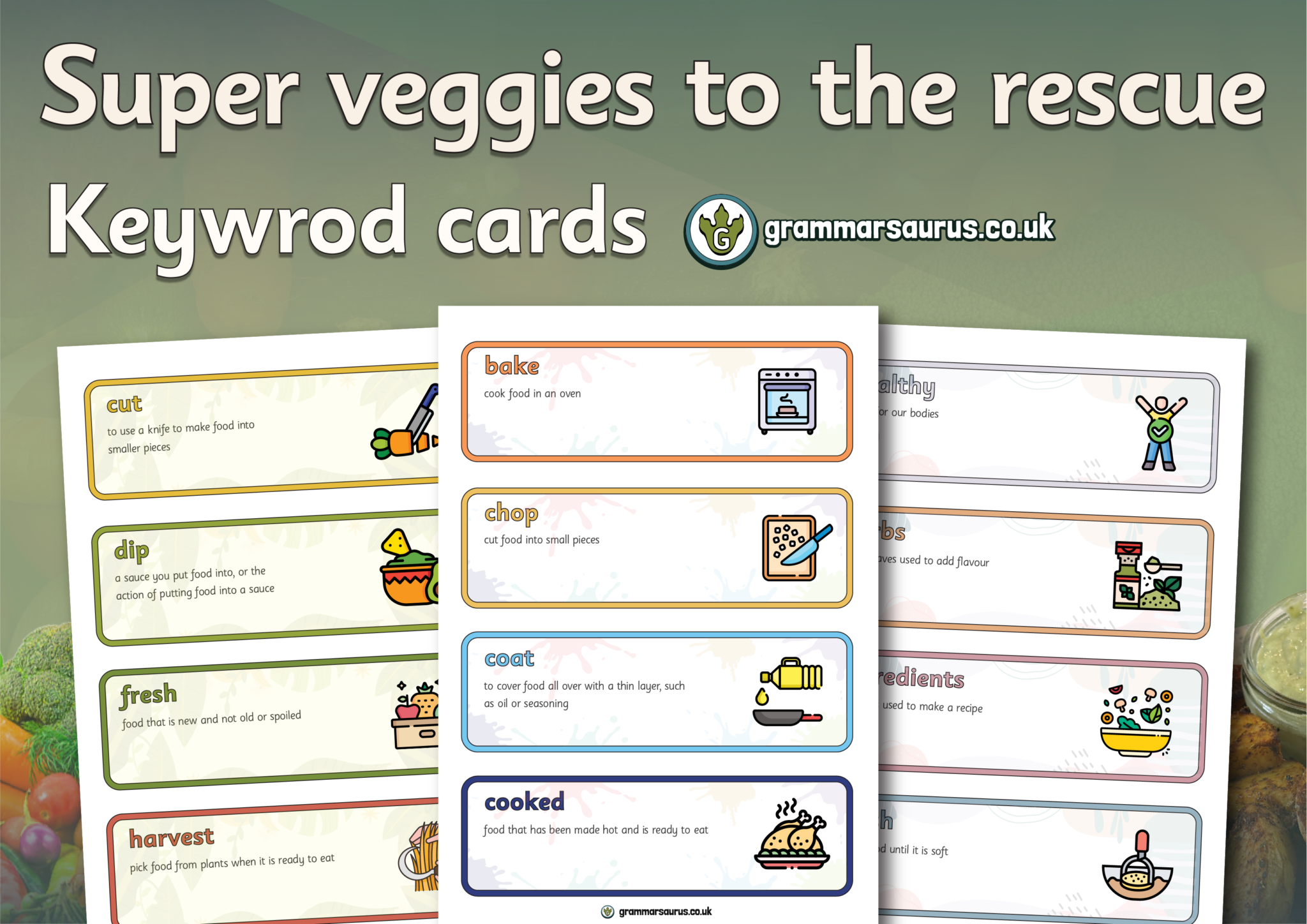 Year 2 - Super veggies to the rescue - Keyword cards - Grammarsaurus