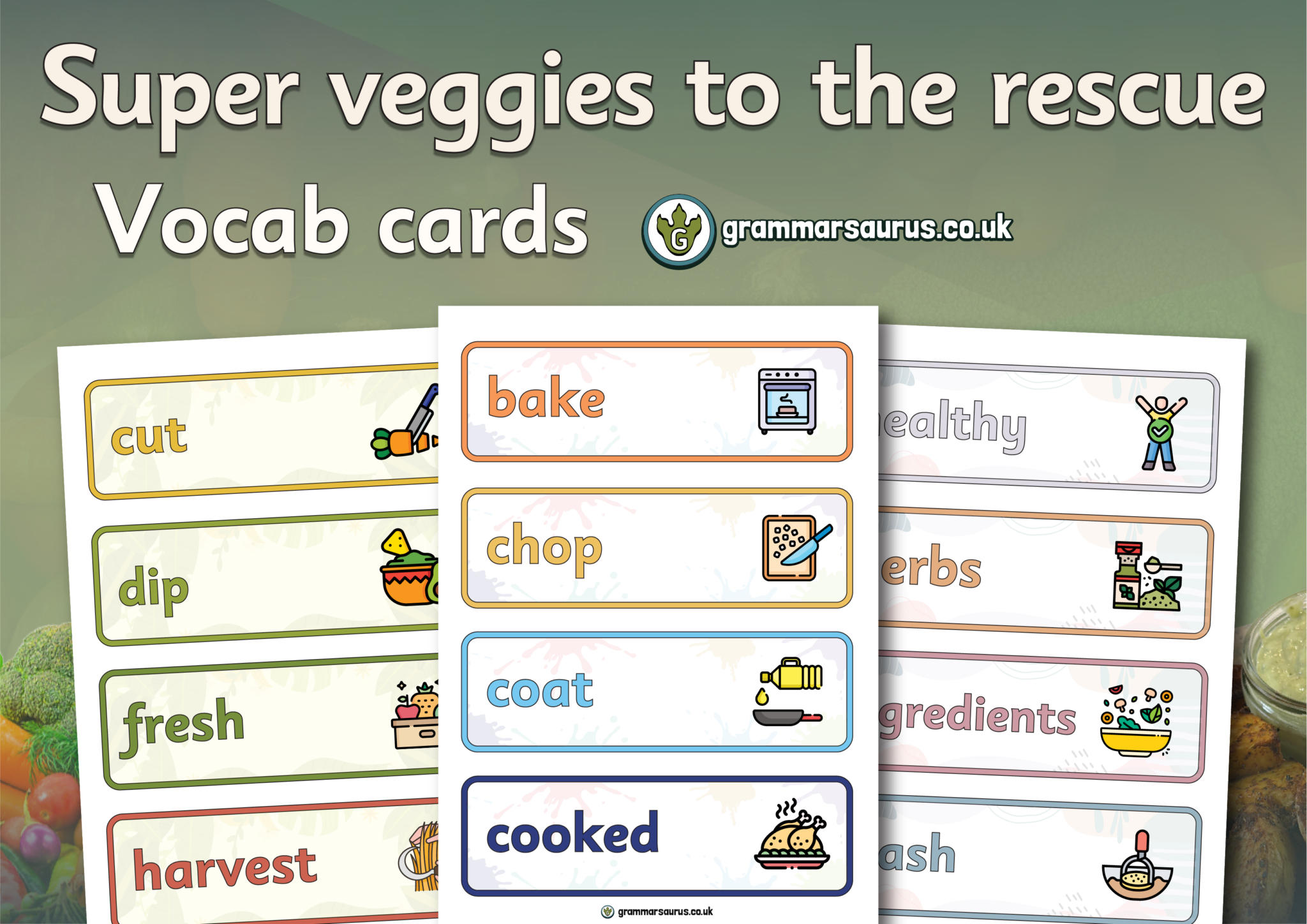 Year 2 - Super veggies to the rescue - Vocab cards - Grammarsaurus