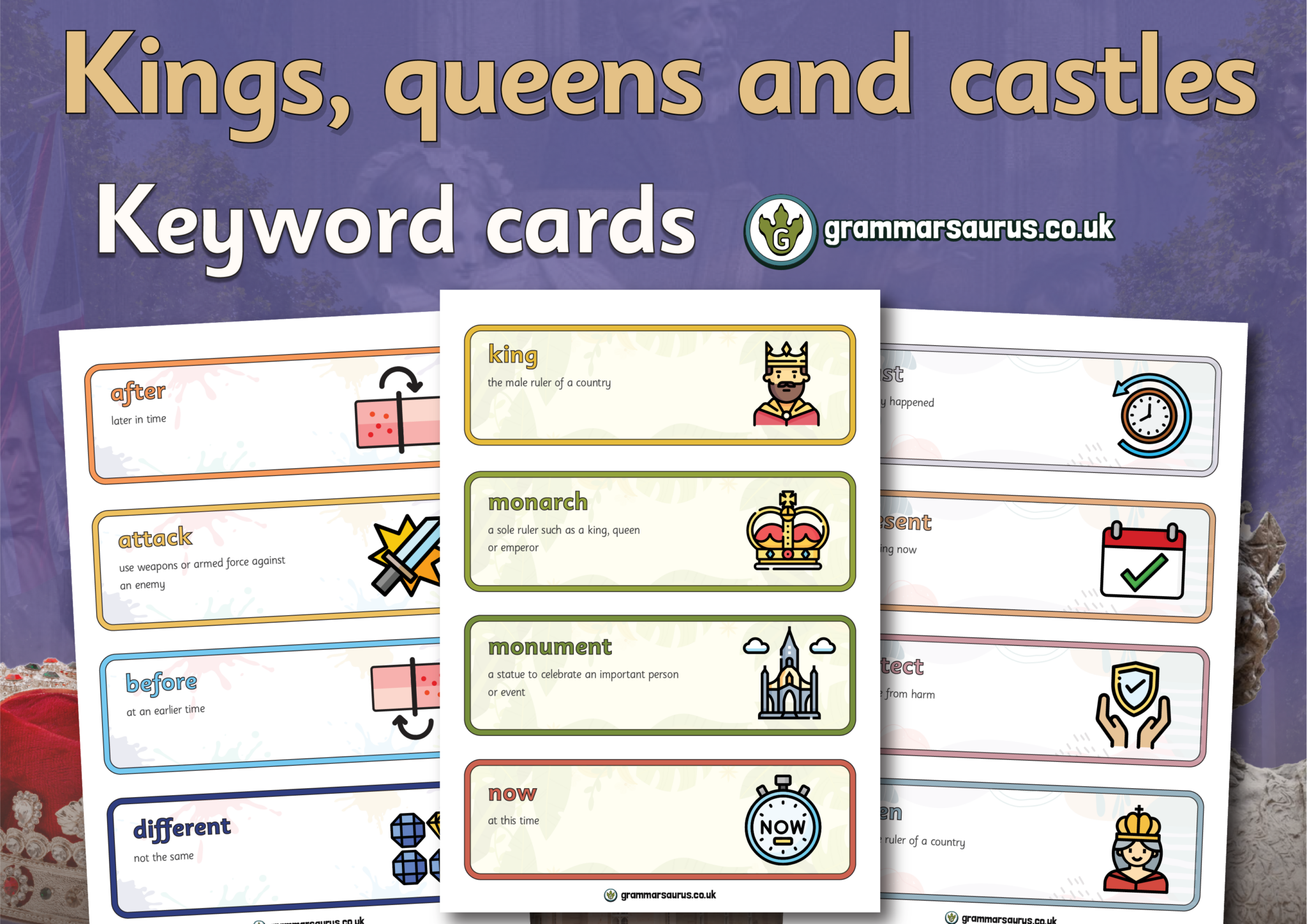 KS1 History - Kings, queens and castles - Keyword cards - Grammarsaurus