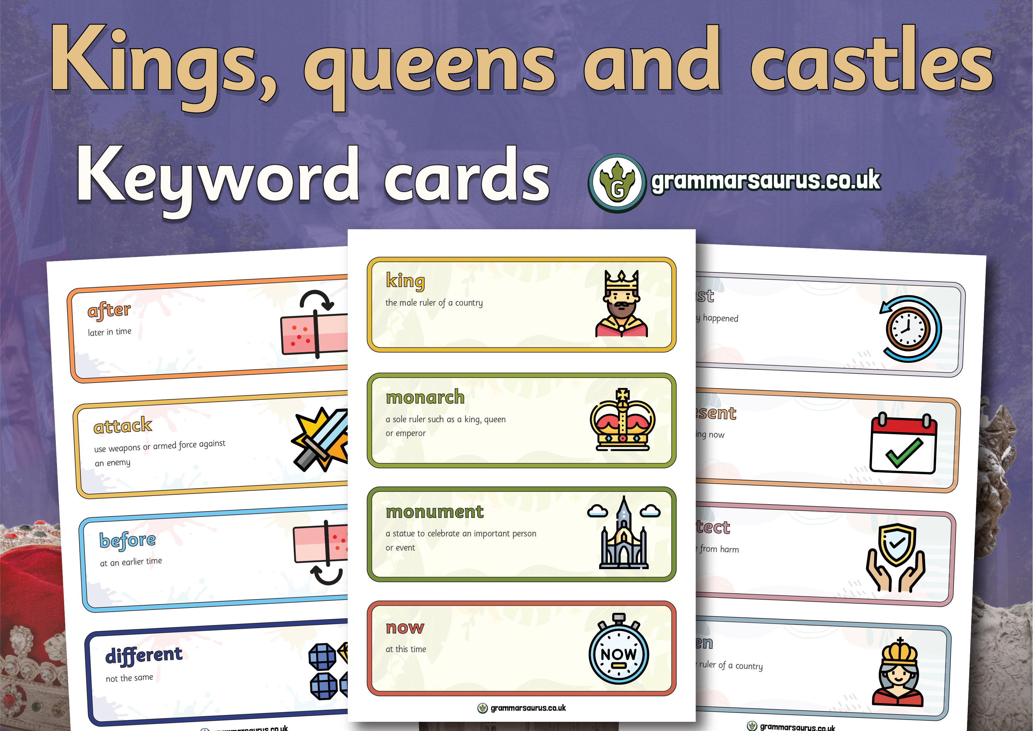 KS1 History - Kings, queens and castles - Keyword cards - Grammarsaurus