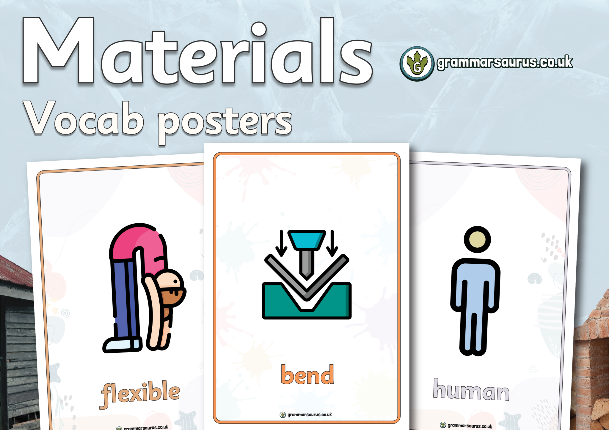 Year 2 Science - Materials - Vocab posters - Grammarsaurus