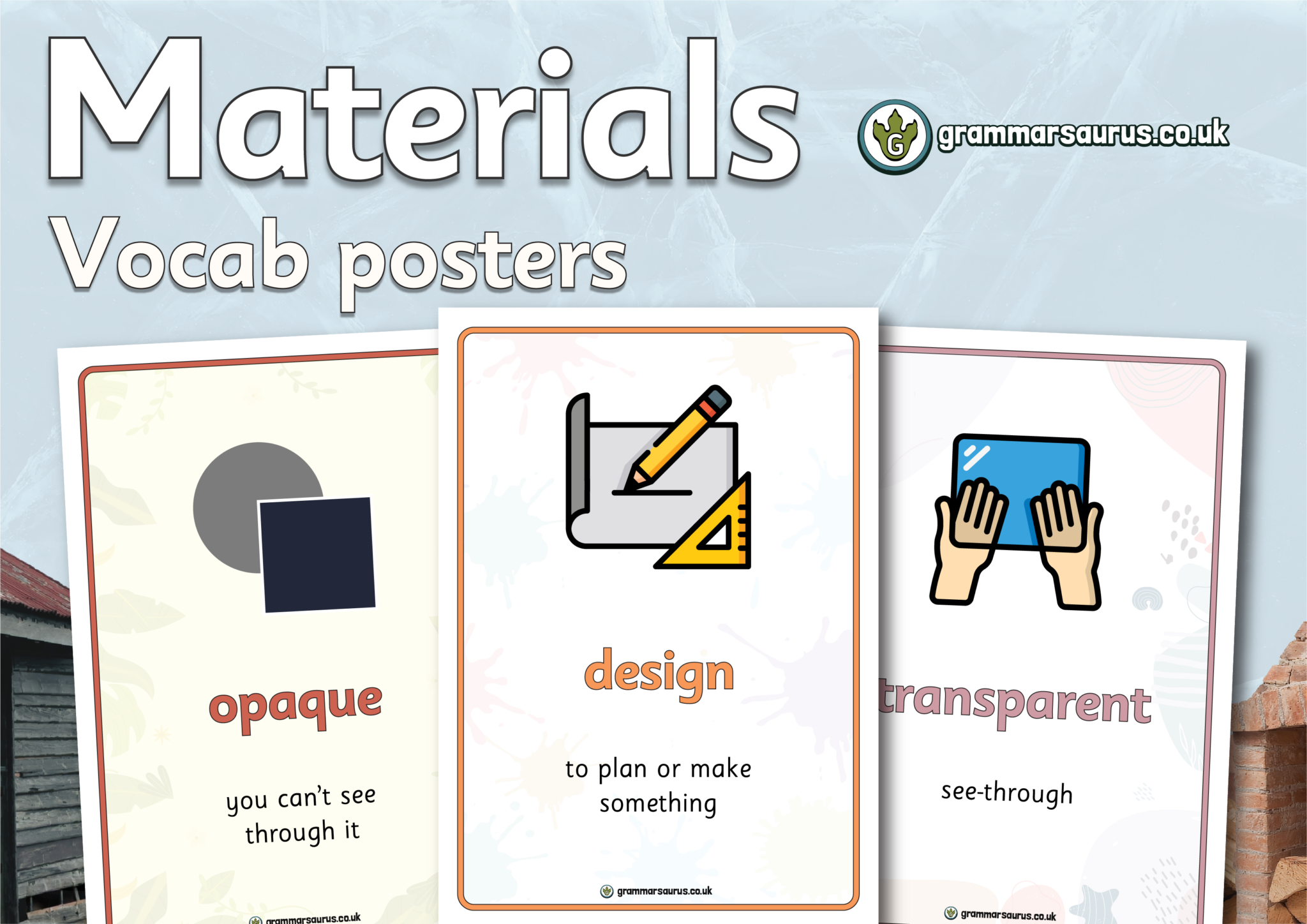 Year 2 Science - Materials - Vocab posters (definitions) - Grammarsaurus