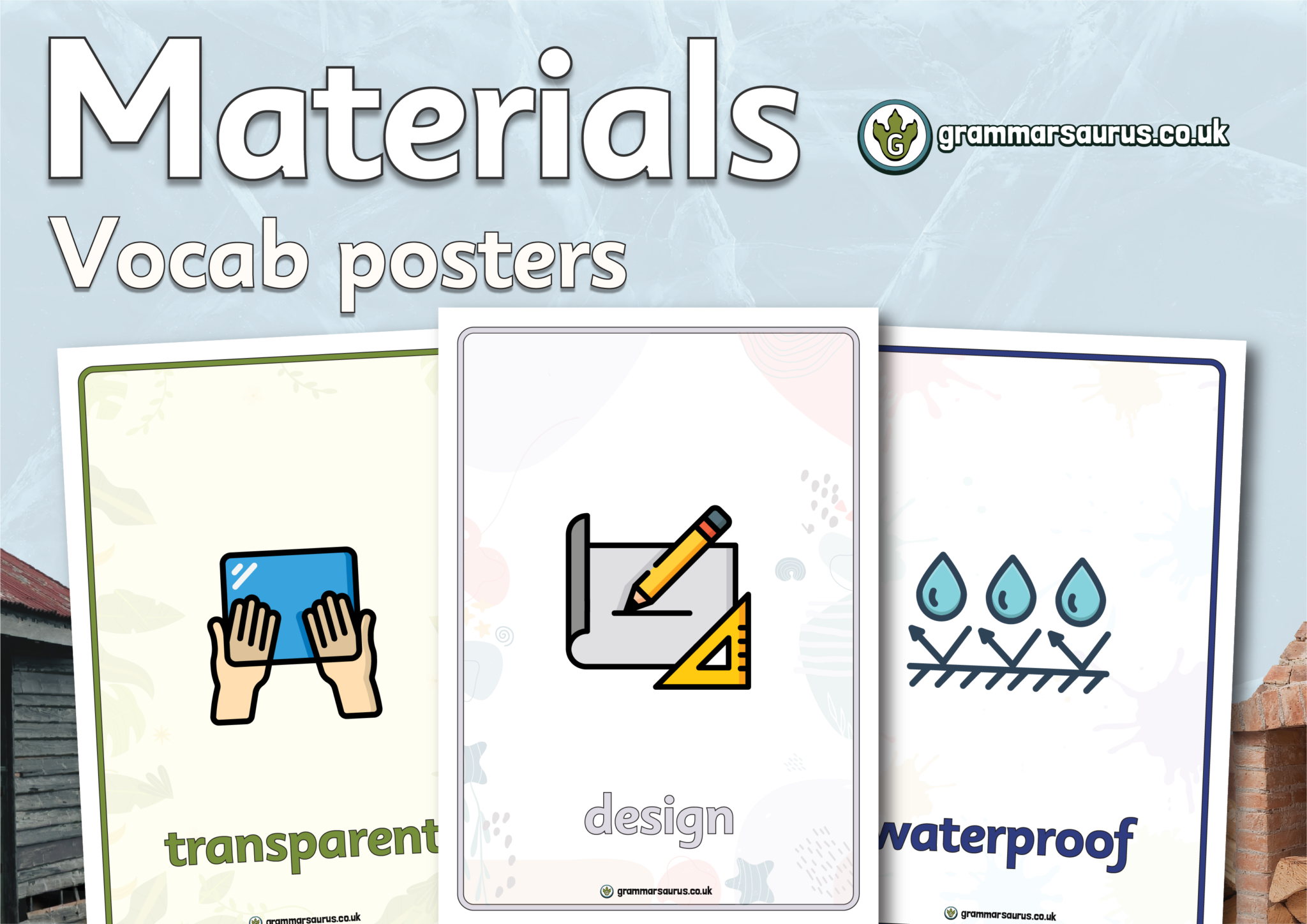 Year 2 Science - Materials - Vocab posters - Grammarsaurus