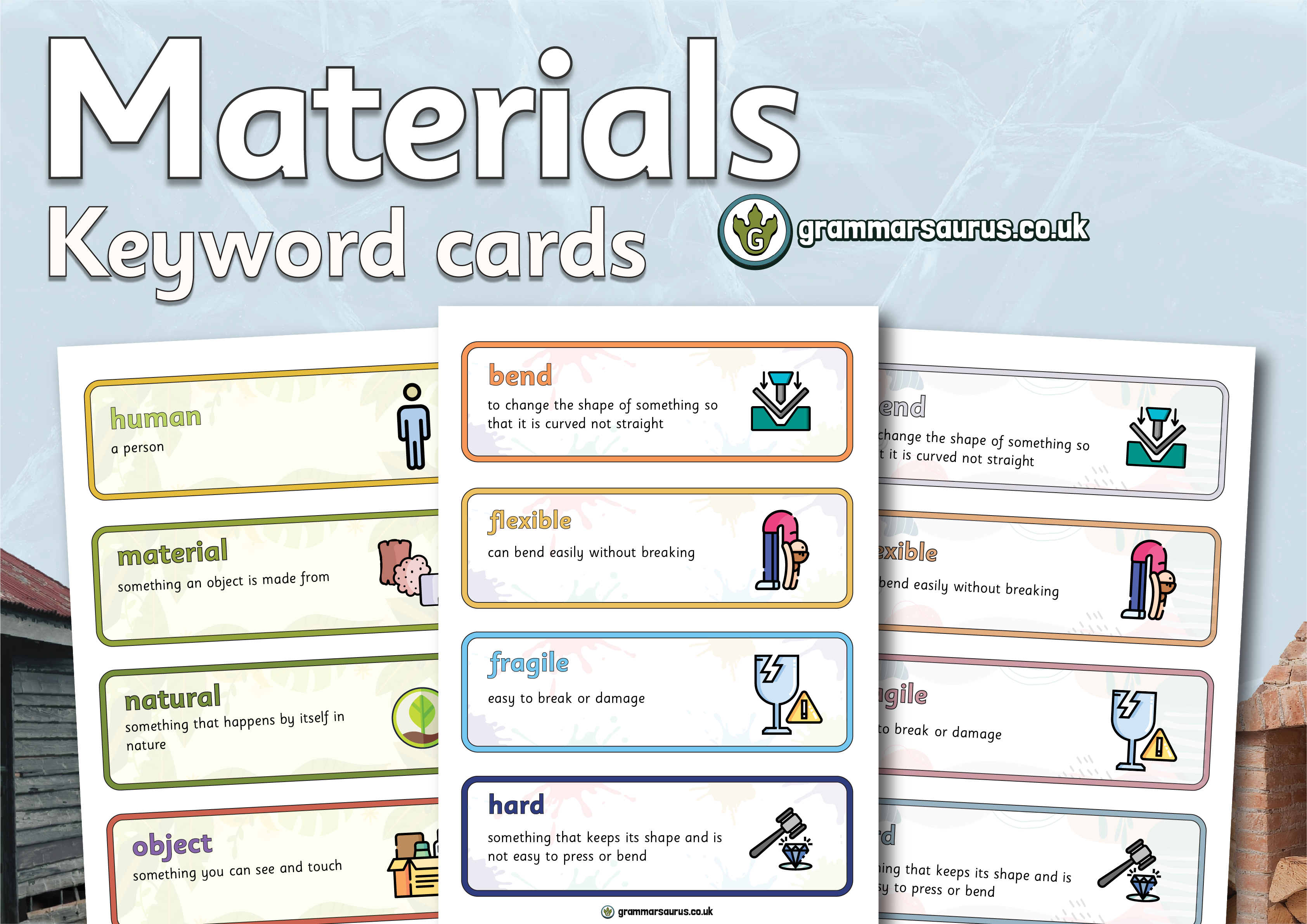 Year 2 Science - Materials - Keyword cards - Grammarsaurus