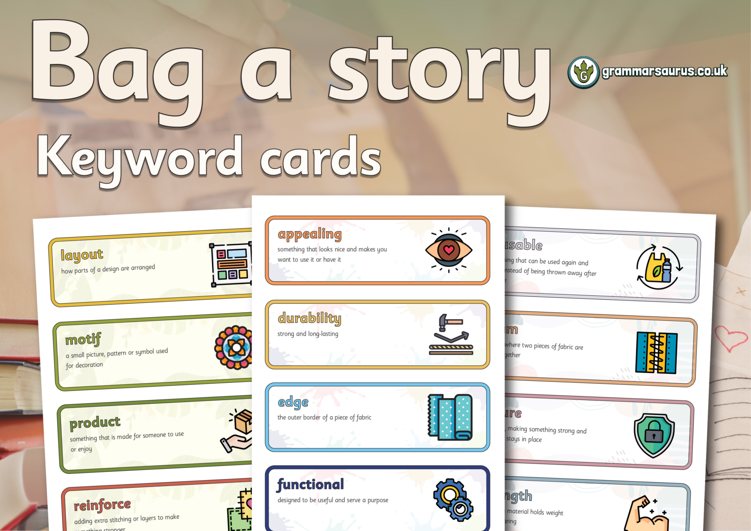 Year 4 Textiles - Bag a Story - Keyword cards - Grammarsaurus