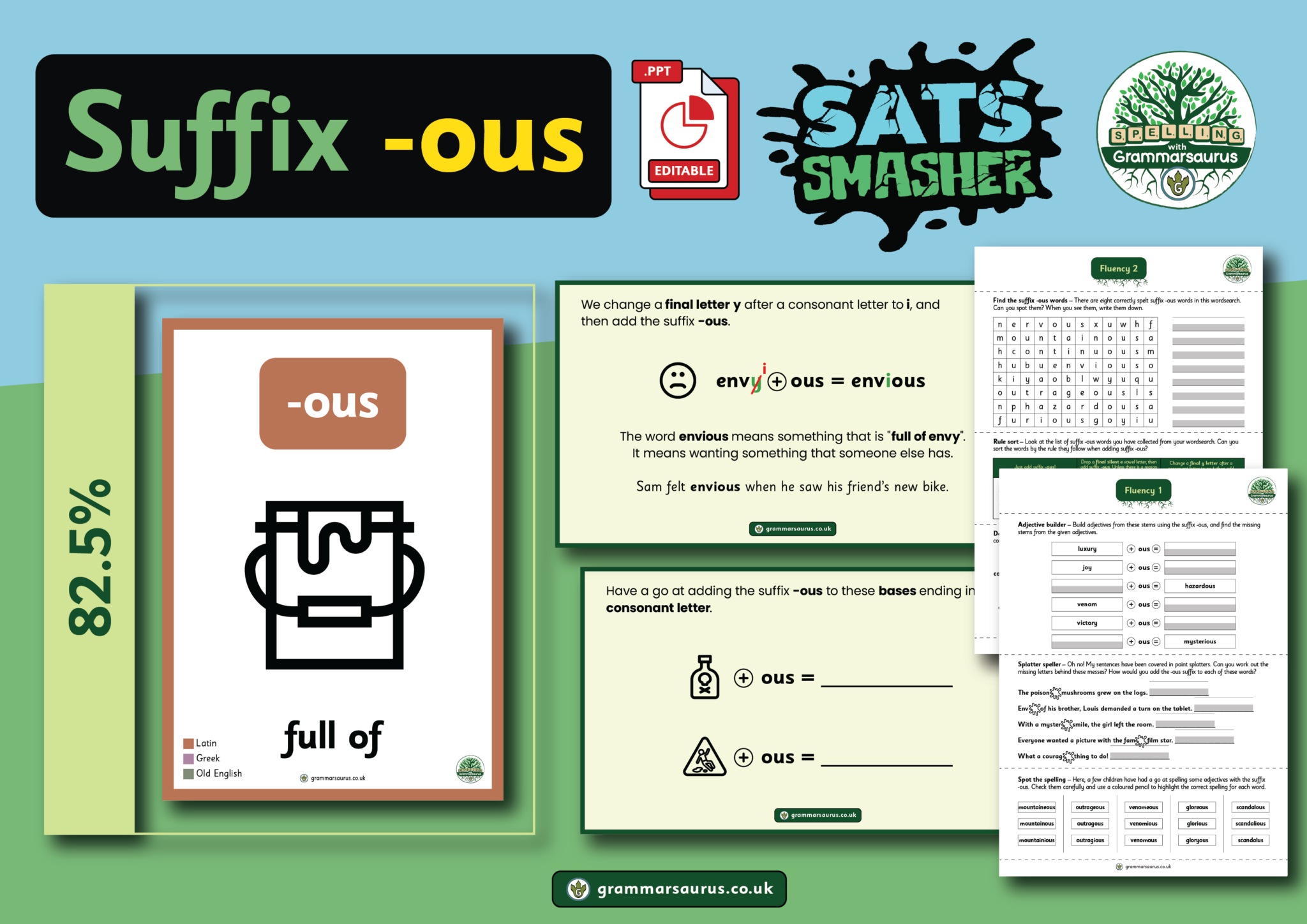 Y6 Spelling SATs Smasher - suffix -ous - 82.5% - Grammarsaurus