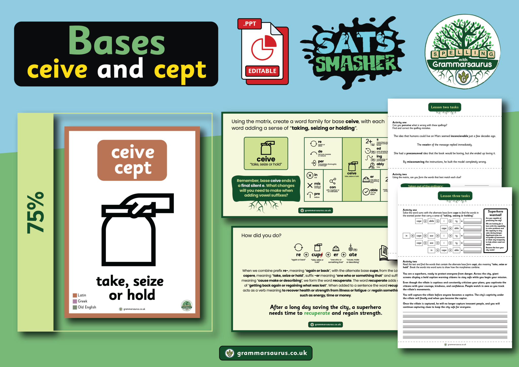 Y6 Spelling SATs Smasher - bases ceive and cept - 75% - Grammarsaurus