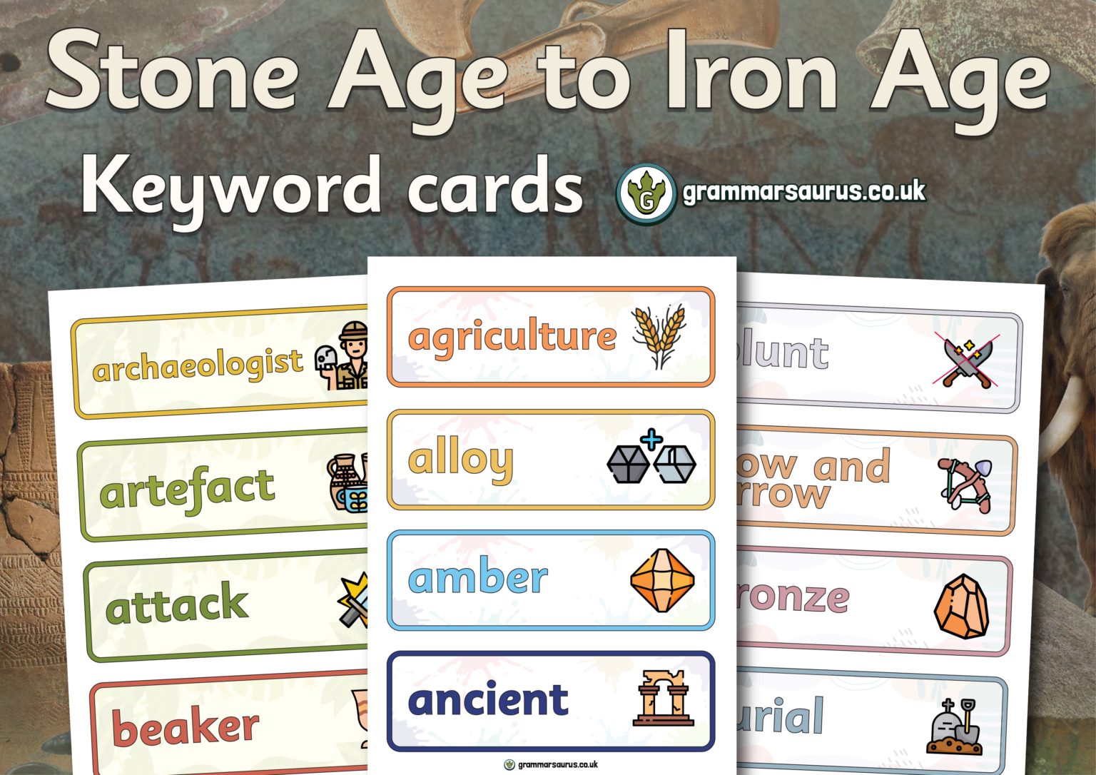 Year 3 History - Stone age to Iron age - Keyword cards - Grammarsaurus