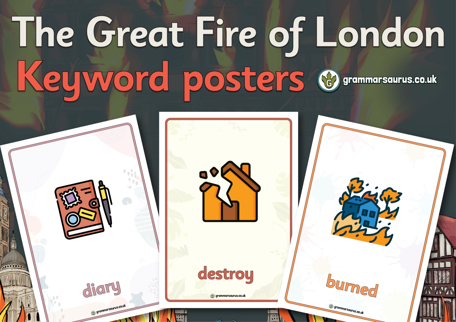 KS1 History – The Great Fire of London – Keyword posters - Grammarsaurus