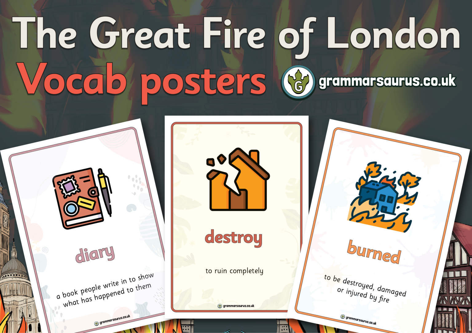 KS1 History – The Great Fire of London – Vocab posters - Grammarsaurus