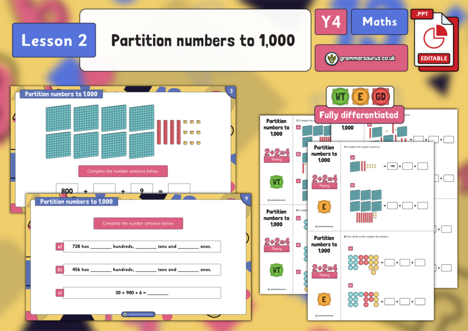 Year 4 Place Value – Partition numbers to 1,000 – Lesson 2 - Grammarsaurus